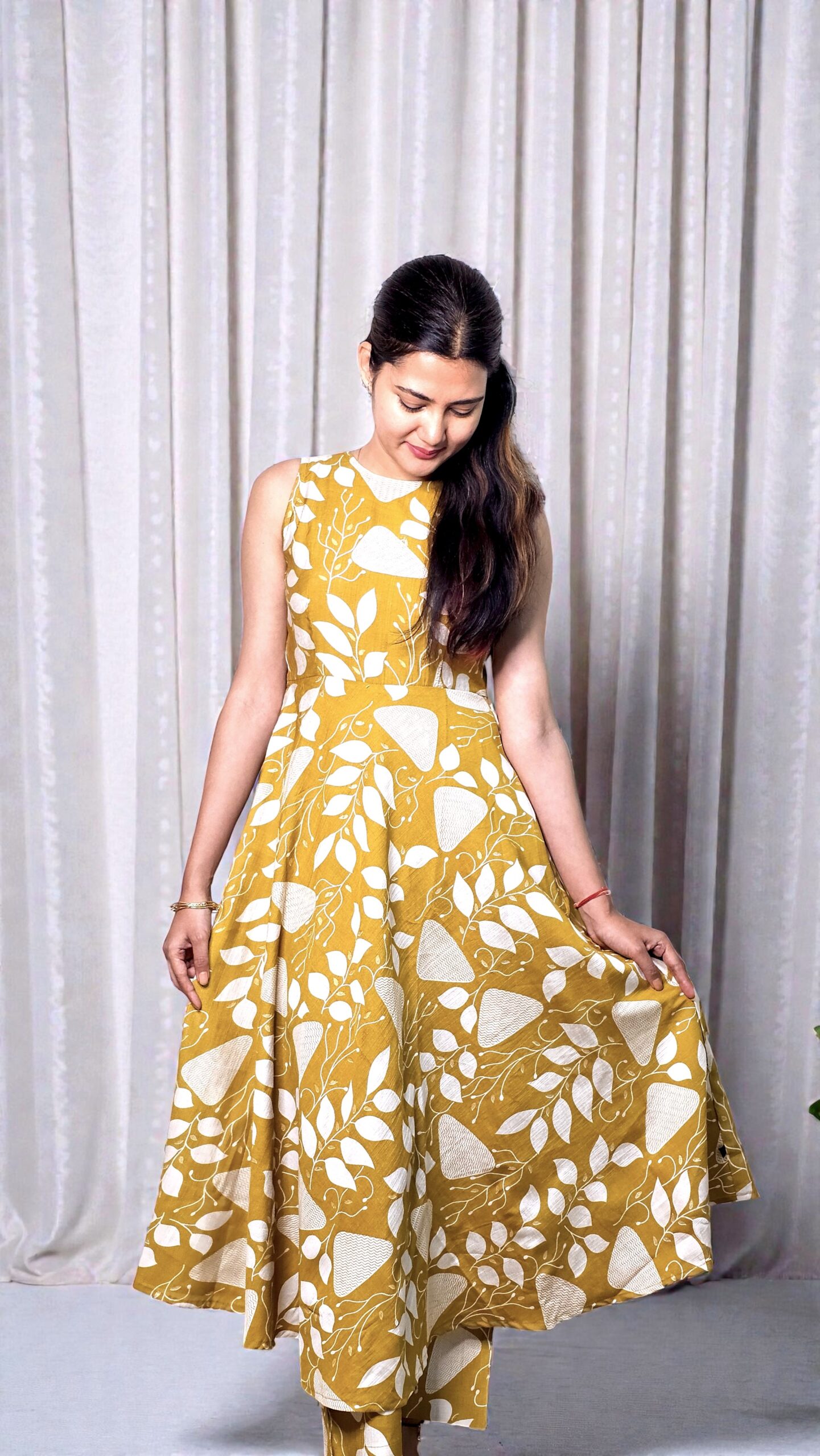 Aelira – Mustard Leaf Print Anarkali Co-ord Set – Tanti